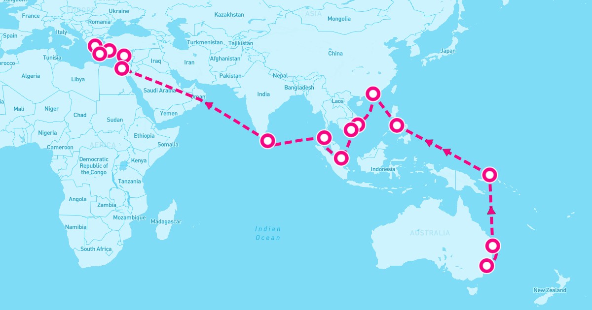 Coral Princess February 18, 2026 Cruise (38 Nights) – Itinerary Map ...